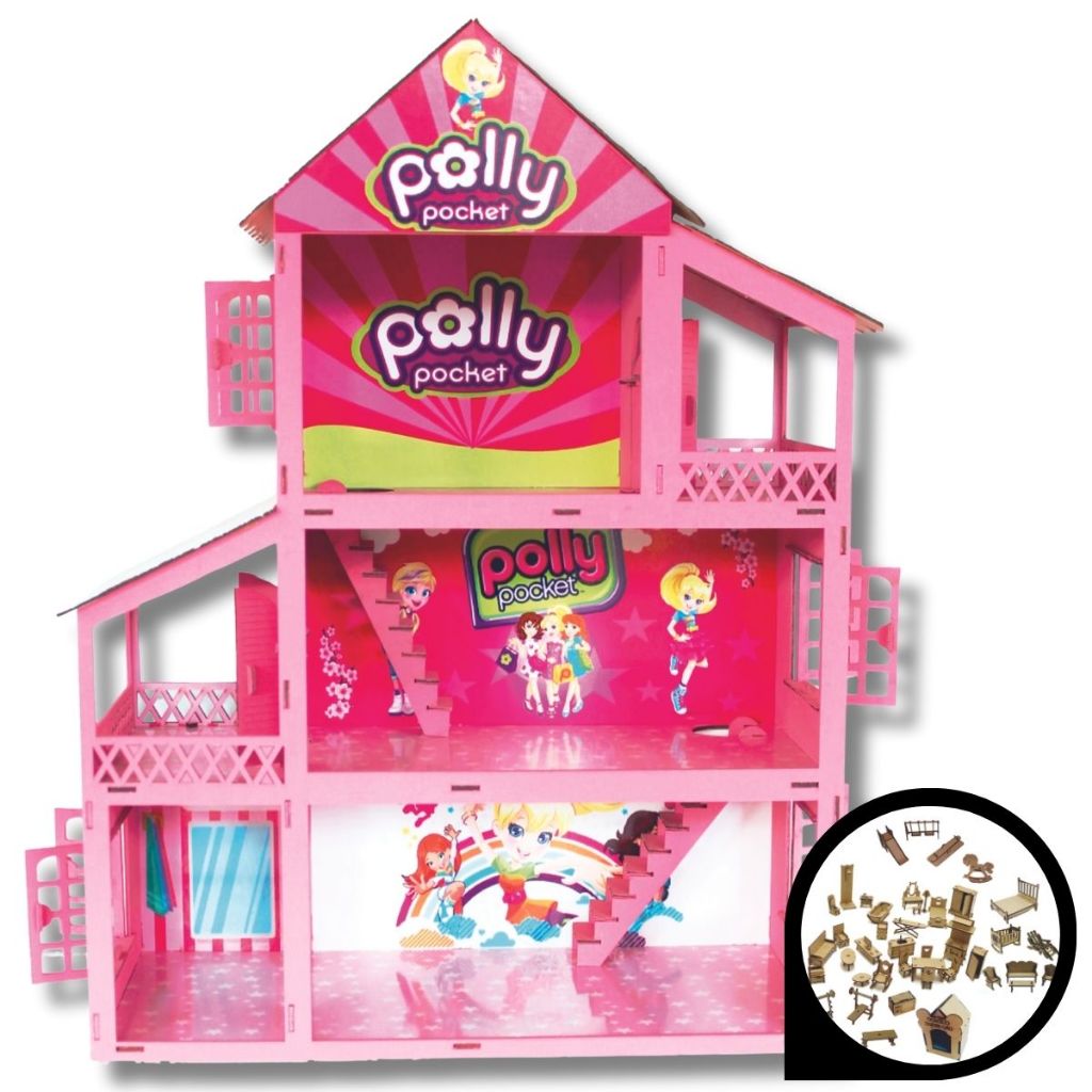 Casa casinha de boneca Polly Pocket com mini móveis crú MDF madeira ...