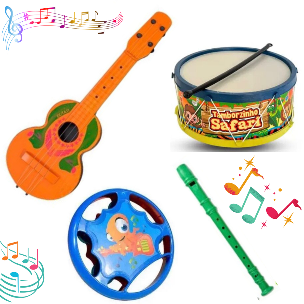Brinquedo Kit 4 Instrumentos Musical Tambor Violão Pandeiro Flauta Doce Infantil | Shopee Brasil