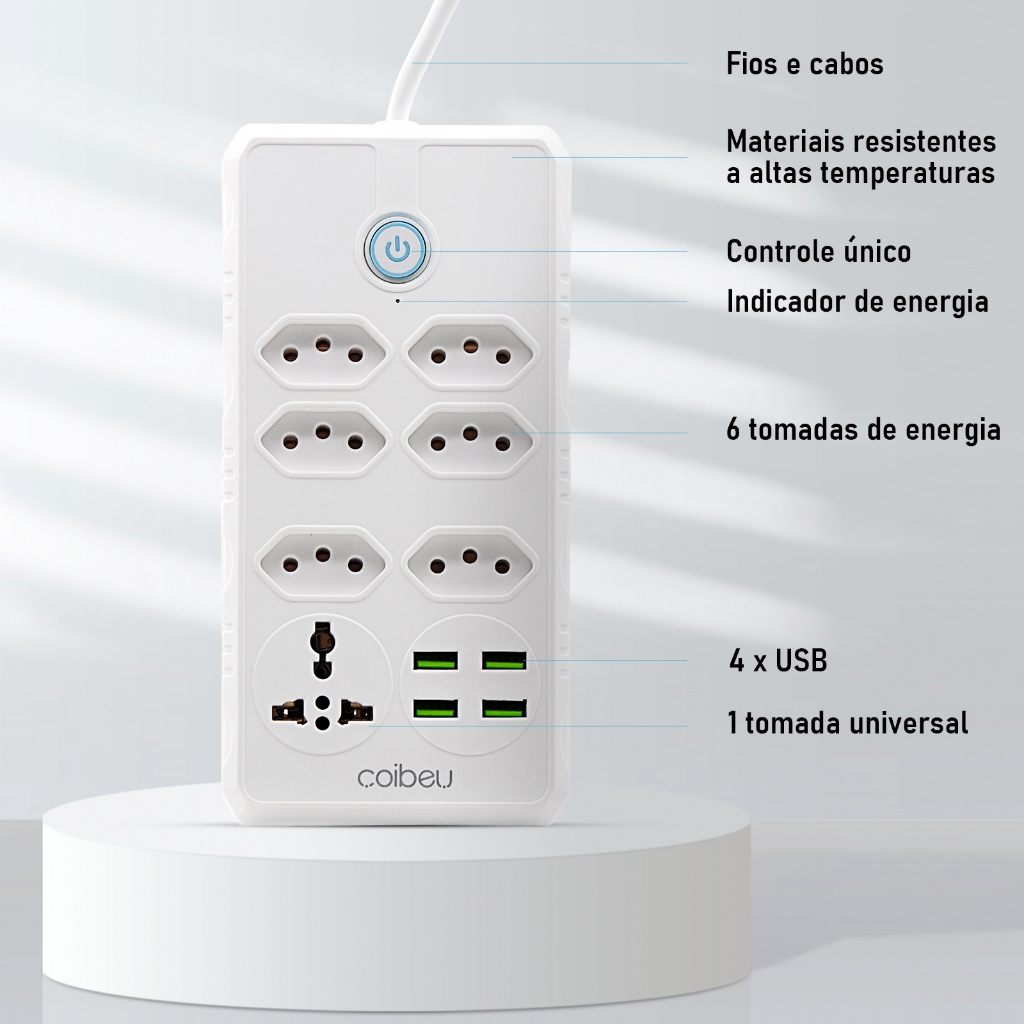 Régua Filtro de Linha com 7 Tomadas Extensão Elétrica 1 Universal 4 USB Bivolt 10A 110v/220v ...