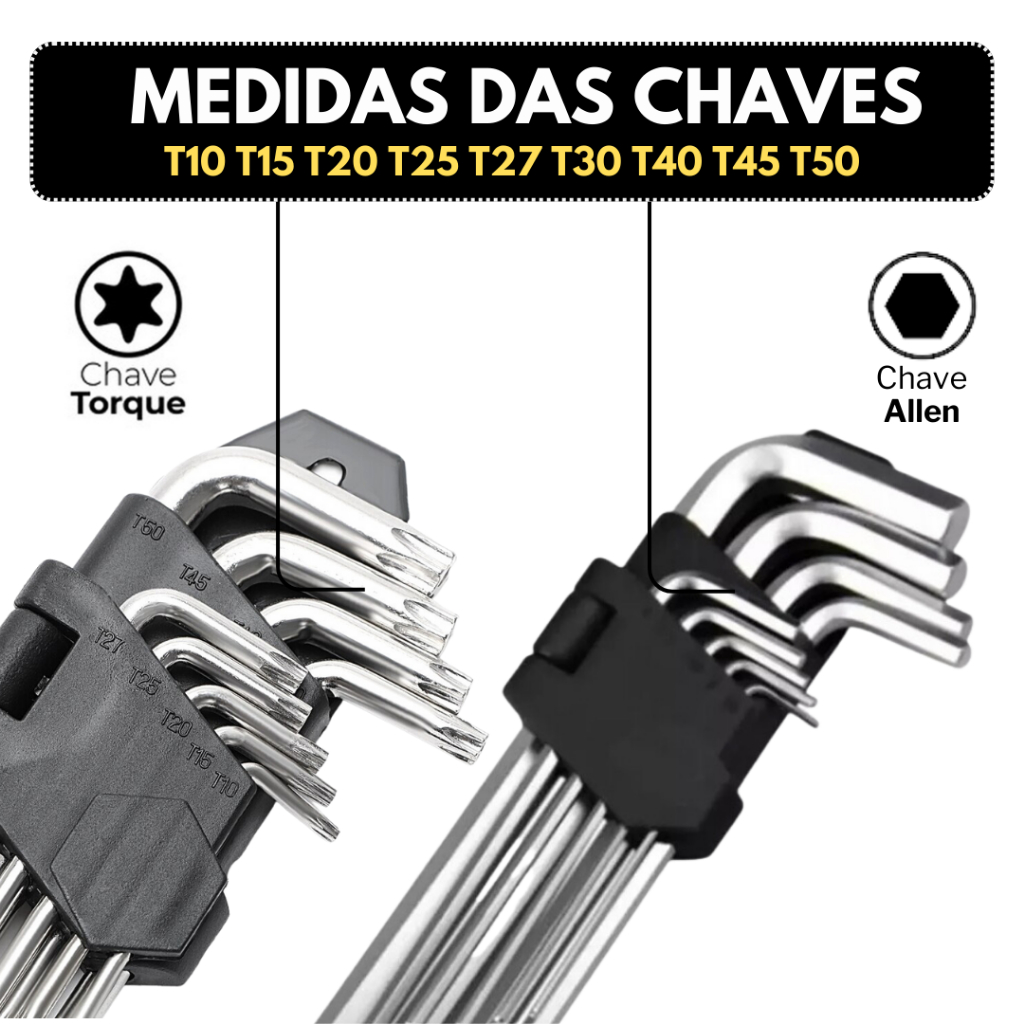 Jogo de Chave Torque Torx + Allen com 18 Peças Curta T10 até T50 ...