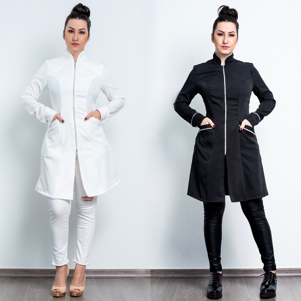 Jaleco Feminino Gabardine Premium Elastano Acinturado Gola Padre Zíper Punho | Shopee Brasil