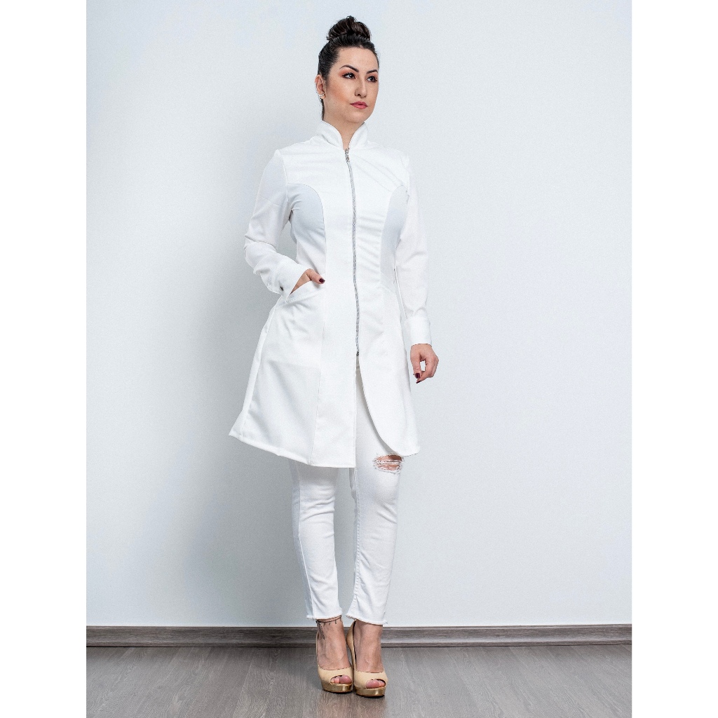 Jaleco Feminino Gabardine Premium Elastano Acinturado Gola Padre Zíper Punho | Shopee Brasil