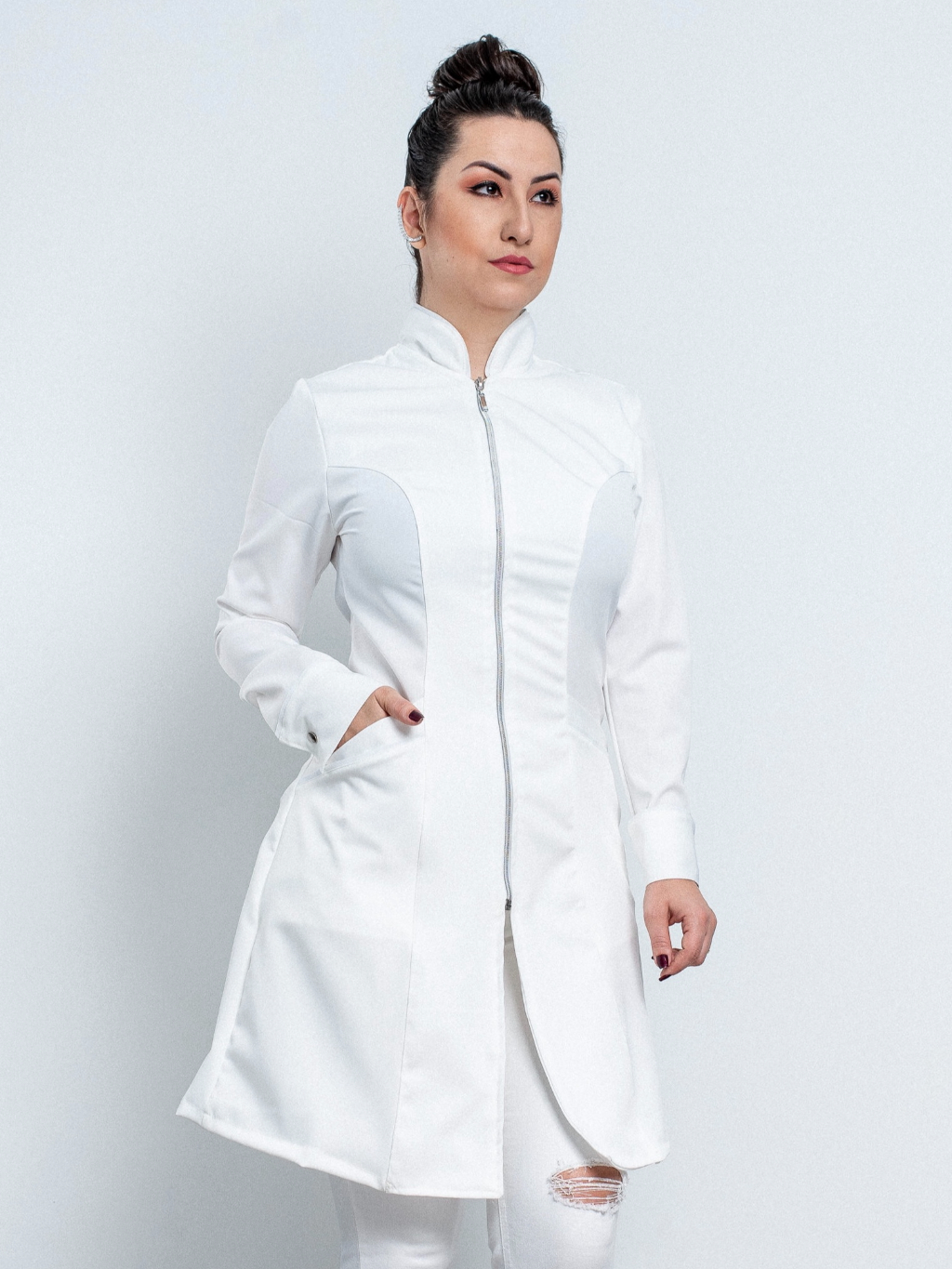 Jaleco Feminino Gabardine Premium Elastano Acinturado Gola Padre Zíper Punho | Shopee Brasil