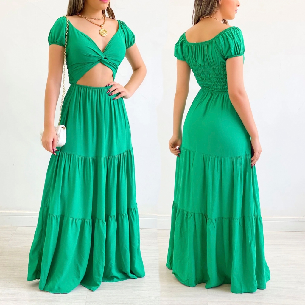 Vestido longo aberto decote frontal manguinha elastek atras | Shopee Brasil