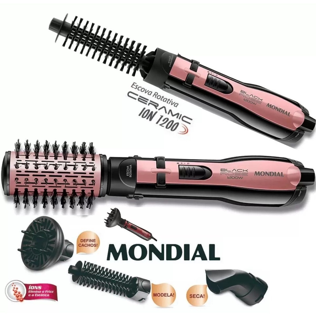 Kit Secador de Cabelo Escova Rotativa Mondial Black Rose 5 en 1 Line ...