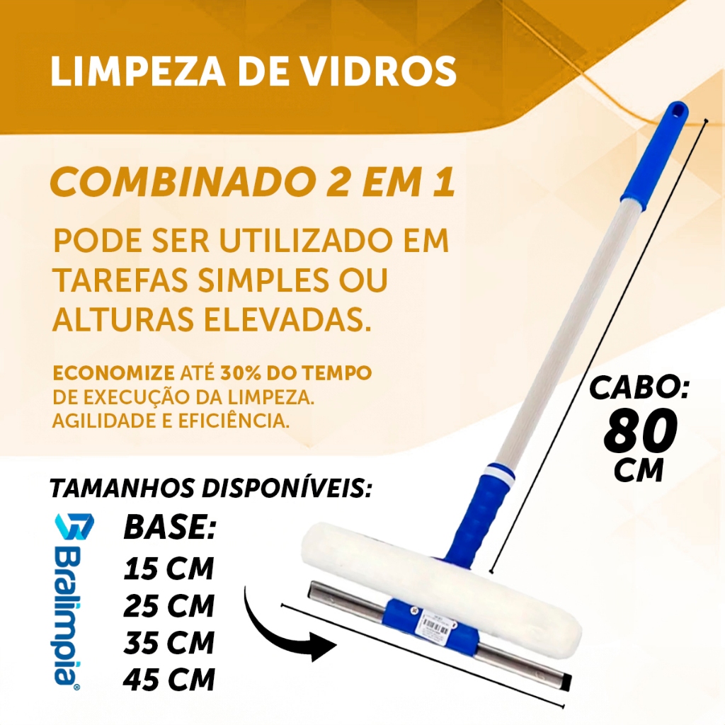Rodo Combinado Limpa Vidros Bralimpia 15-25-35 OU 45 Cm Com Cabo De ...