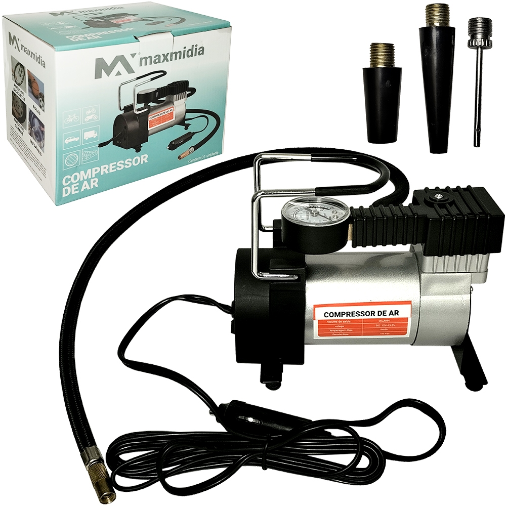 MINI COMPRESSOR DE AR AUTOMOTIVO 12V COM CALIBRADOR + 3 BICOS 150PSI ...