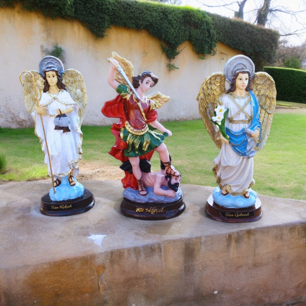 Imagem Trio de Arcanjos 15cm Resina Miguel Rafael e Gabriel | Shopee Brasil