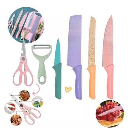 Kit de Conjunto Facas Coloridas Tesoura Descascador Cozinha Gourmet 6 ...