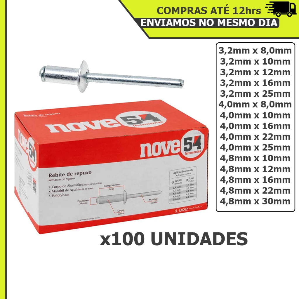 Rebite Pop Repuxo Alumínio Diversos Tamanhos - KIT 100 PEÇAS | Shopee ...