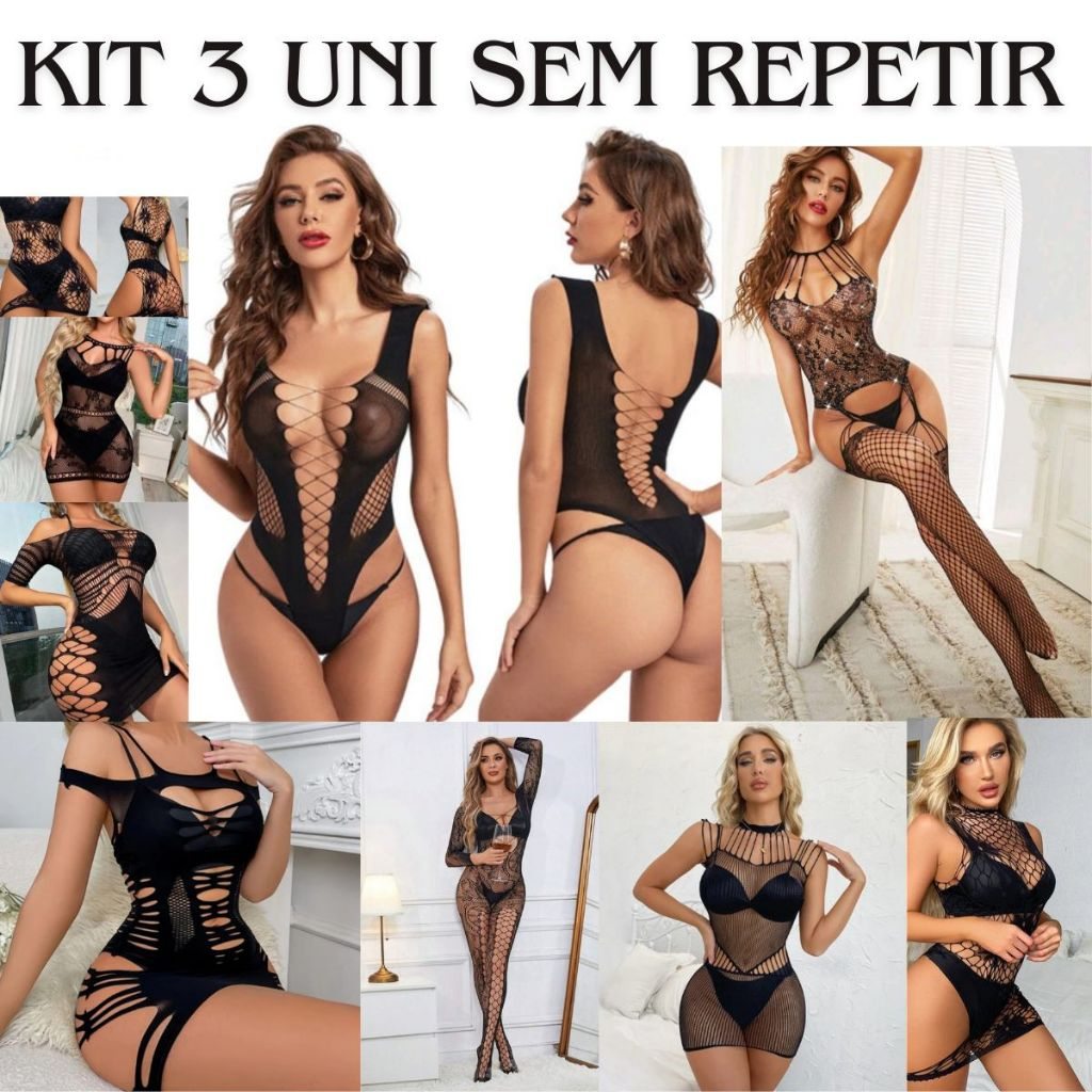 Kit 3 -Lingerie Vestido sexy de malha arrastão transparente malha sem repertir | Shopee Brasil