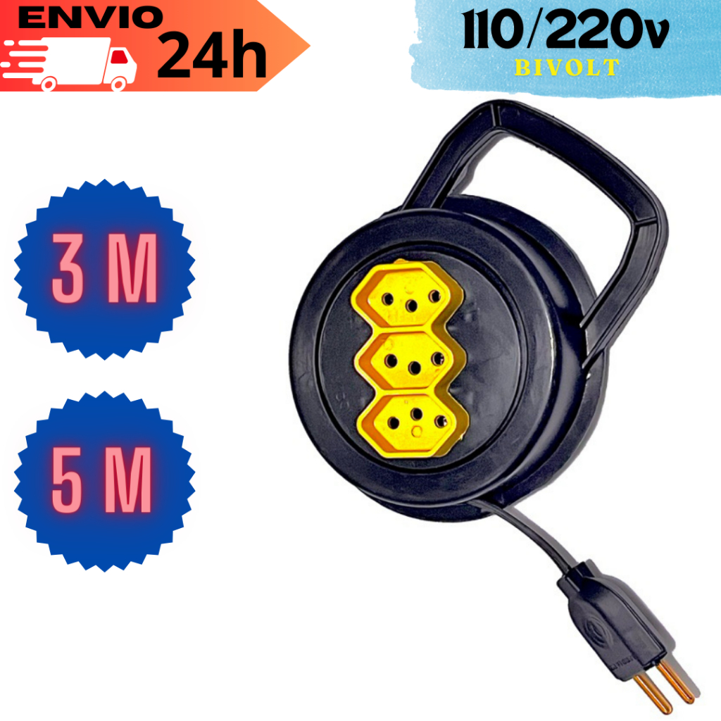 EXTENSÃO ELETRICA 3 ou 5 METROS RETRÁTIL 110/220V 10A BIVOLT - COR SORTIDA | Shopee Brasil