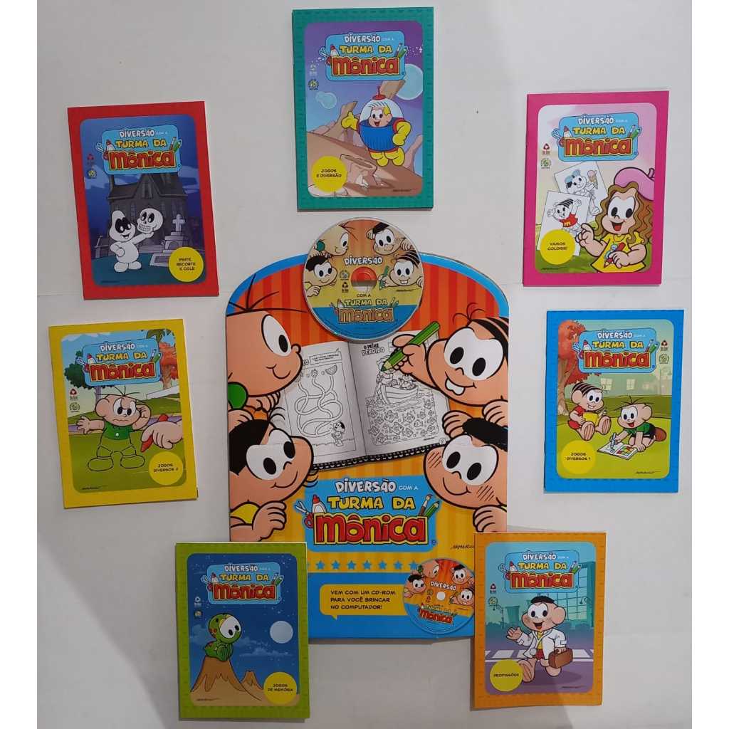 Kit DIVERSÃO TURMA DA MÔNICA 7 Livros + CD-ROM Pintar Colorir Recortar Jogos Passatempos ...