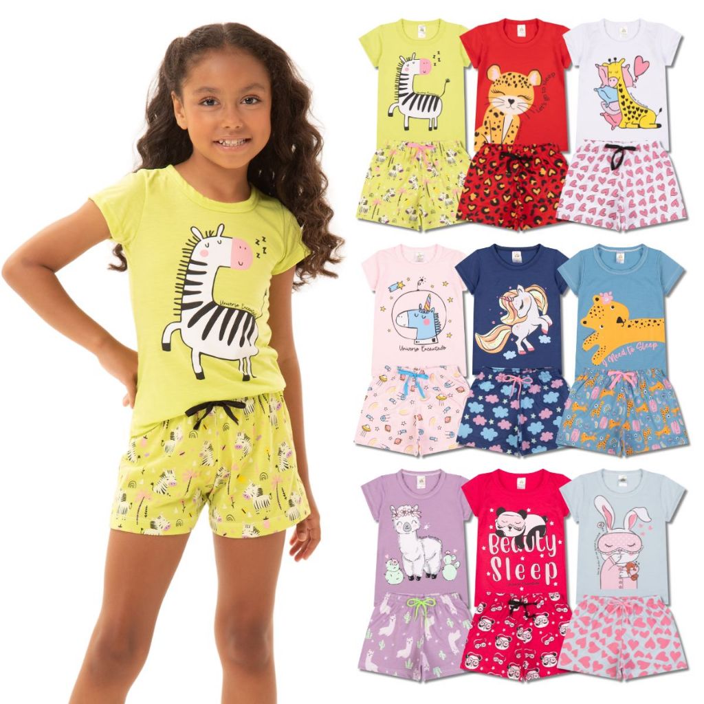 Kit Sortido 4 Peças de Pijamas Infantis para Meninas Confortáveis e ...
