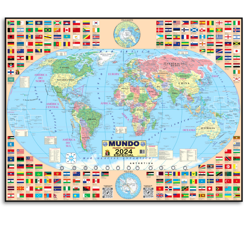 Mapa Mundi Politico Planisfério Escolar Poster Geográfico Papel Dobrado ...