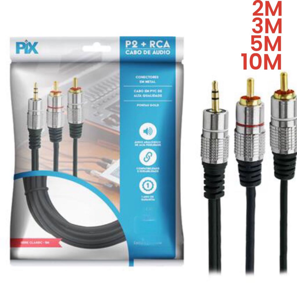 Cabo Audio Auxiliar P2 Estereo X 2 Rca Blindado Profissional 2M 3M 5M 10M | Shopee Brasil