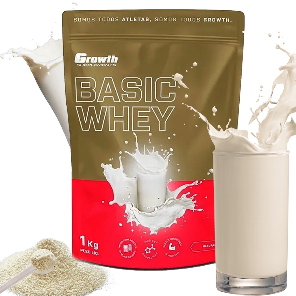 Basic Whey Protein 1kg Chocolate ou Natural - Growth Suplementos - ORIGINAL | Shopee Brasil