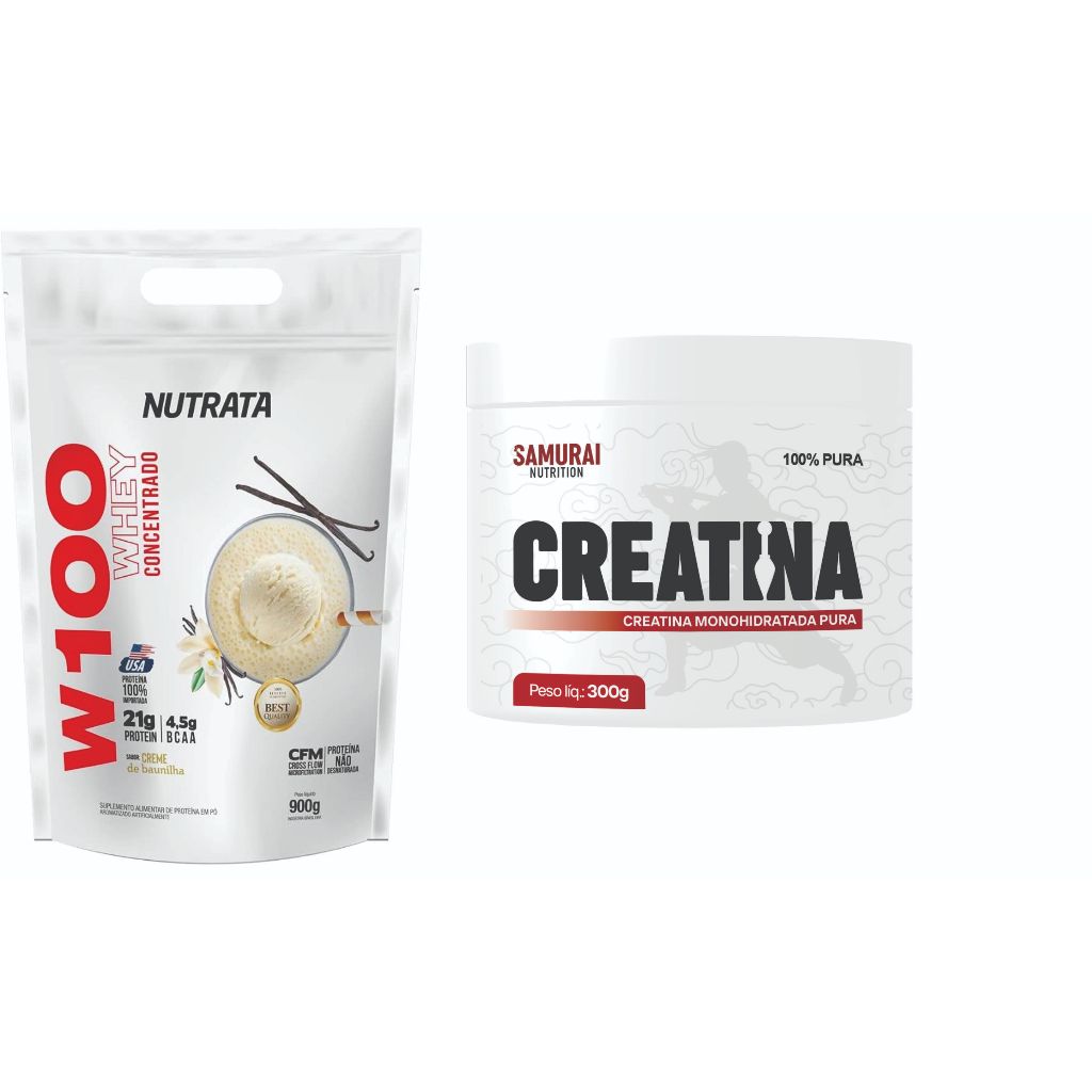 Whey W100 Nutrata Refill 900g 100% Concentrado + Creatina Pura 300g Samurai Monohidratada ...