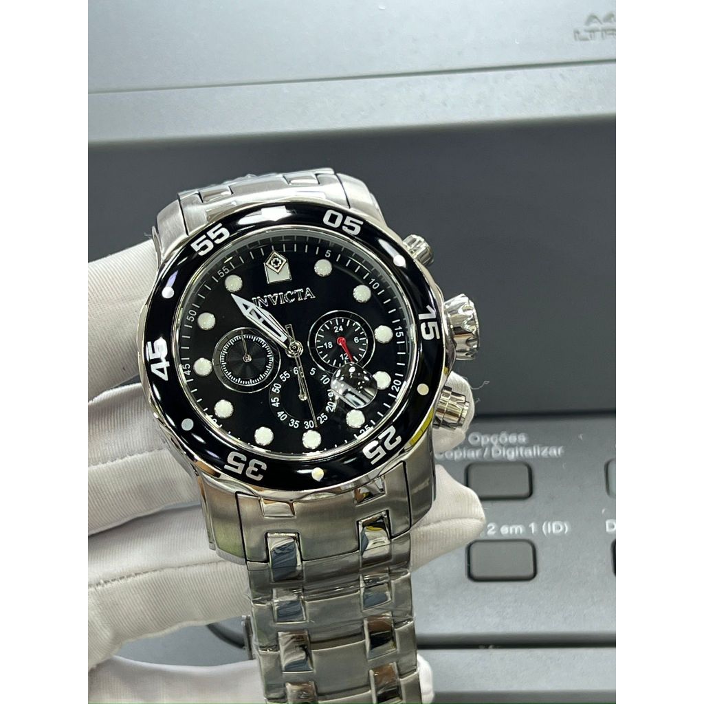 Relógio Invicta 0069 Pro Diver Scuba Prata com preto Todo em Aço ...