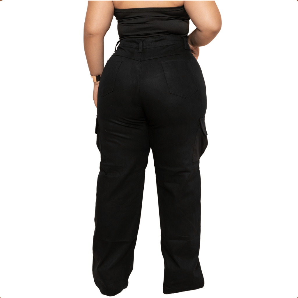 Calça Jeans Cargo Plus Size Feminina Wide Leg Bolsos Laterais Cintura ...