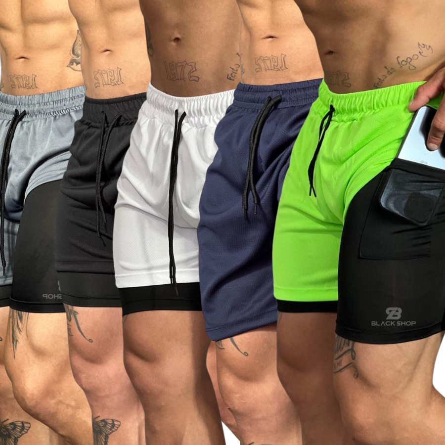 KIT 5 Short Elastano Bermuda 2 em 1 Academia Masculina Treino Corrida ...