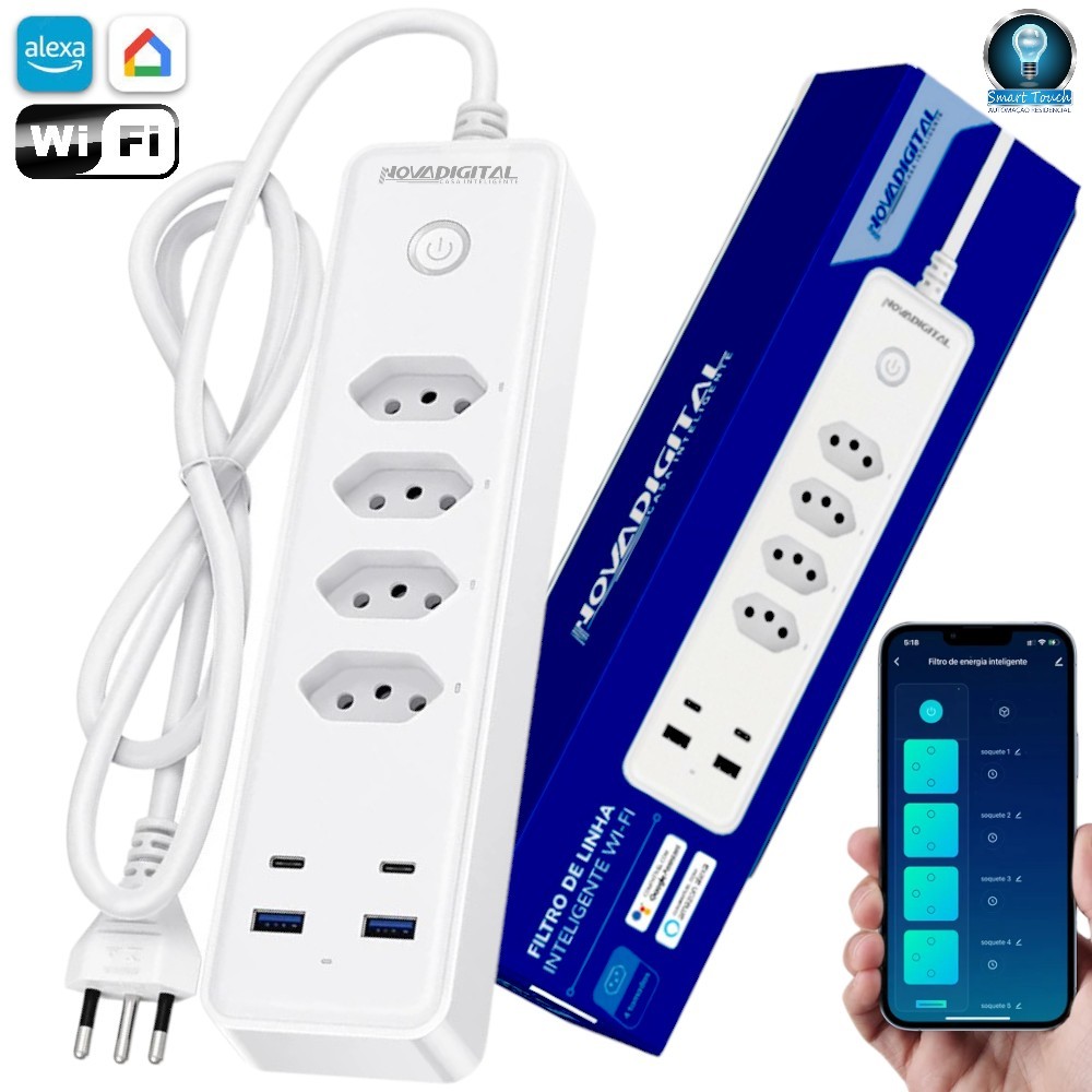 Filtro de linha Nova Digital Wifi Inteligente Alexa Google Home Extensão com 4 Tomadas 2 USB-C ...