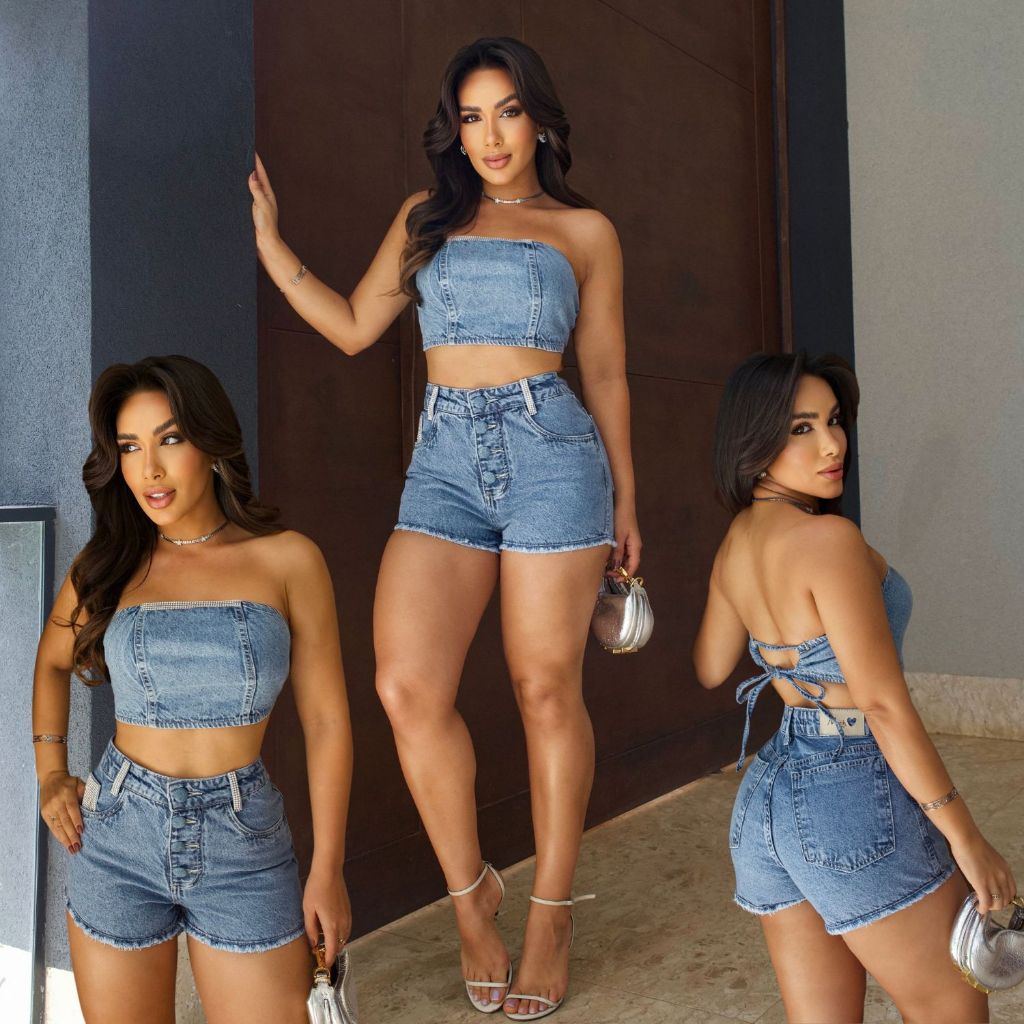 Conjunto Jeans Feminino Cropped Top Short Manta Prata Strass Brilho Cintura Alta Sem Lycra ...