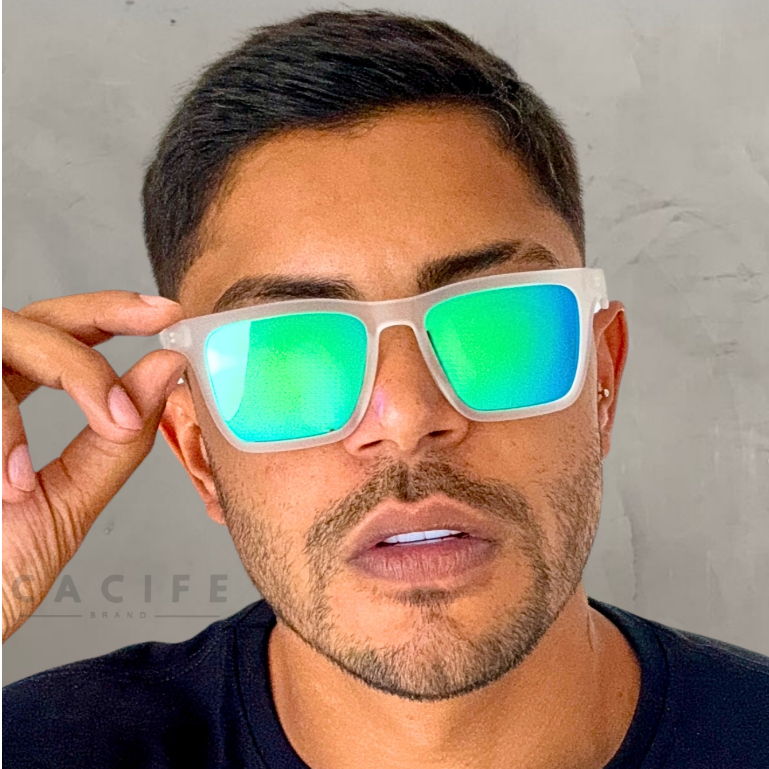 Óculos de Sol Napole Azul Espelhado Branco Quadrado Premium Clássico ...