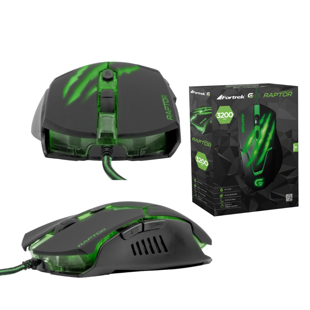 Mouse Gamer Fortrek Raptor OM801 3200 Dpi Preto/Verde | Shopee Brasil
