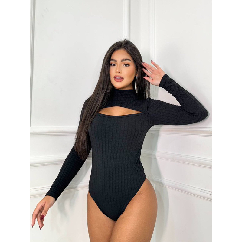 Body Feminino Manga Longa Bubble Gola Alta com Decote Possui Fecho Tendencia 2024 Outono Inverno ...