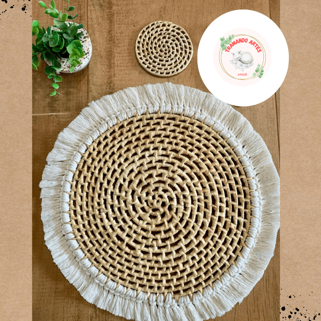 Kit 1 Sousplat/suplat/supla/suplá + 1 Porta Copos Em Macramê e Palha ...