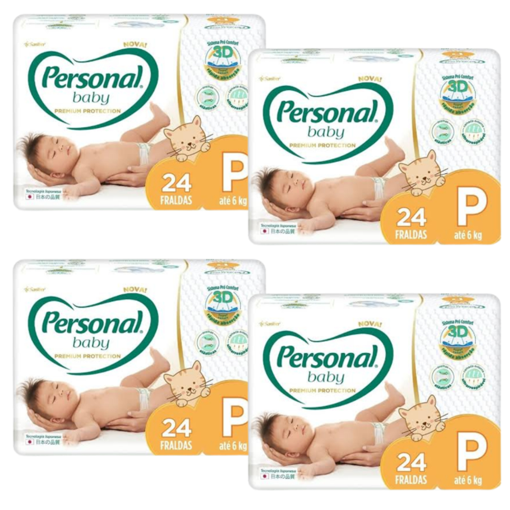 Pack 4 Pacotes de Fraldas Personal Baby Premium Protection P/24, M/20 ... Pack 4 Pacotes de Fraldas Personal Baby Premium Protection P/24, M/20 ...