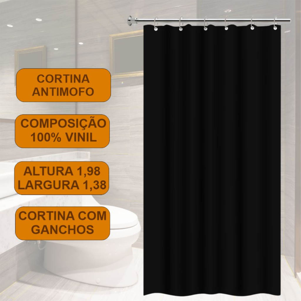Cortina Box Lisa Com Ganchos Impermeável Antimofo 100% Vinil 1,98x1,38 ...