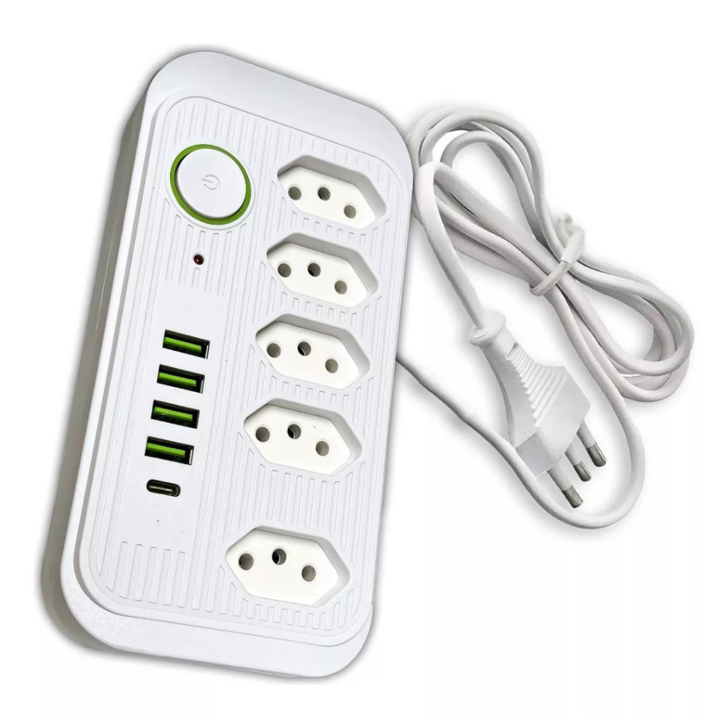 Extensão de tomada 5 tomadas filtro de linha com 4 usb 1 USB-C com cabo de 3M Bivolt Power 110v ...