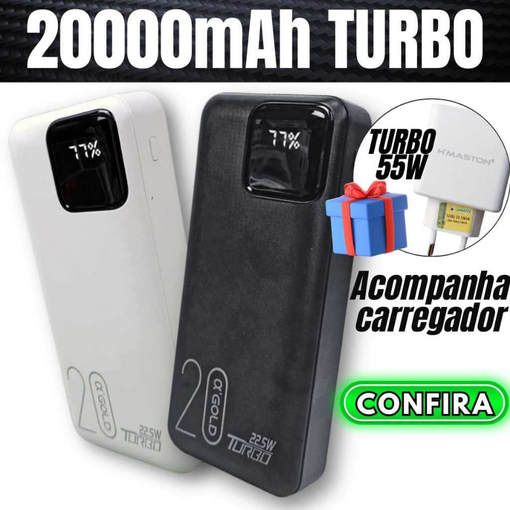 power bank turbo 20000 mAh 22.5W + Fonte 55W carregador portátil Super ...