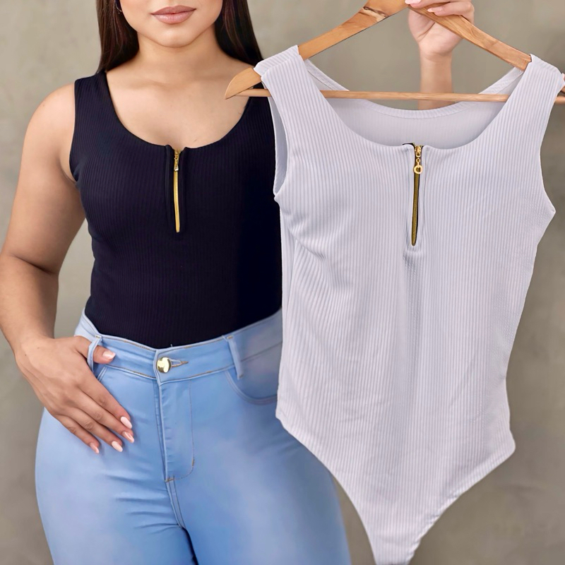 BODY FEMININO CANELADO PREMIUM REGATA ZIPER BORI COM BOJO | Shopee Brasil