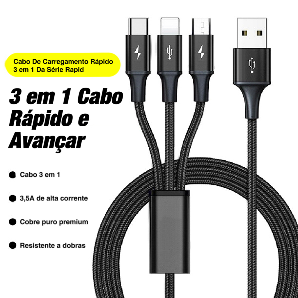 Cabo de carregamento ultrarrápido 3 em 1 tipo C Cabo de dados USB de 1,2 metros cabe em todos os ...