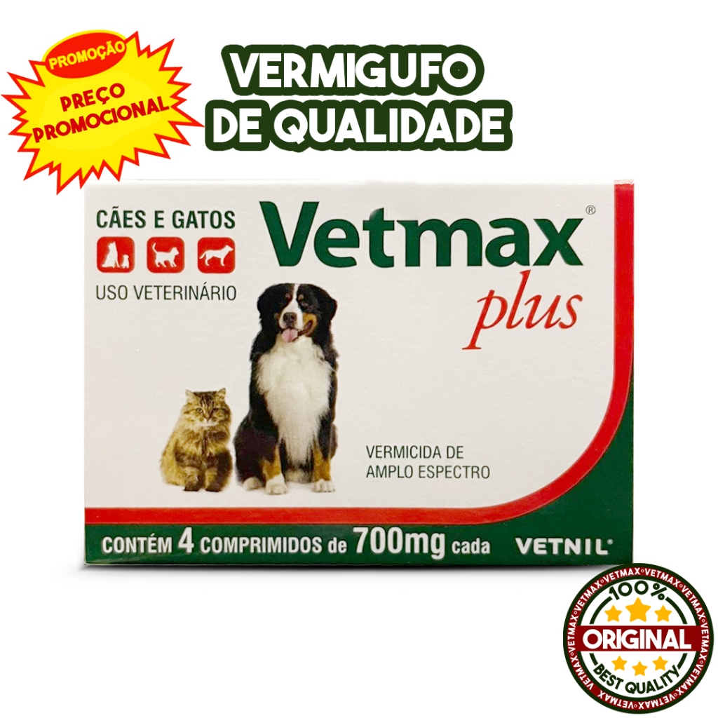 Vermifugo Vetmax Plus Para Cães e Gatos 700 mg - com 4 Comprimidos ...