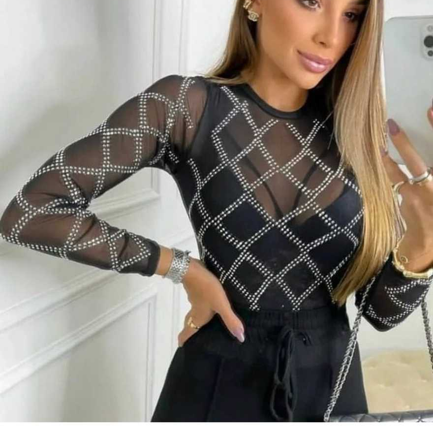 Body Feminino Tule Transparente Manga Comprida Aplicações em Strass ...