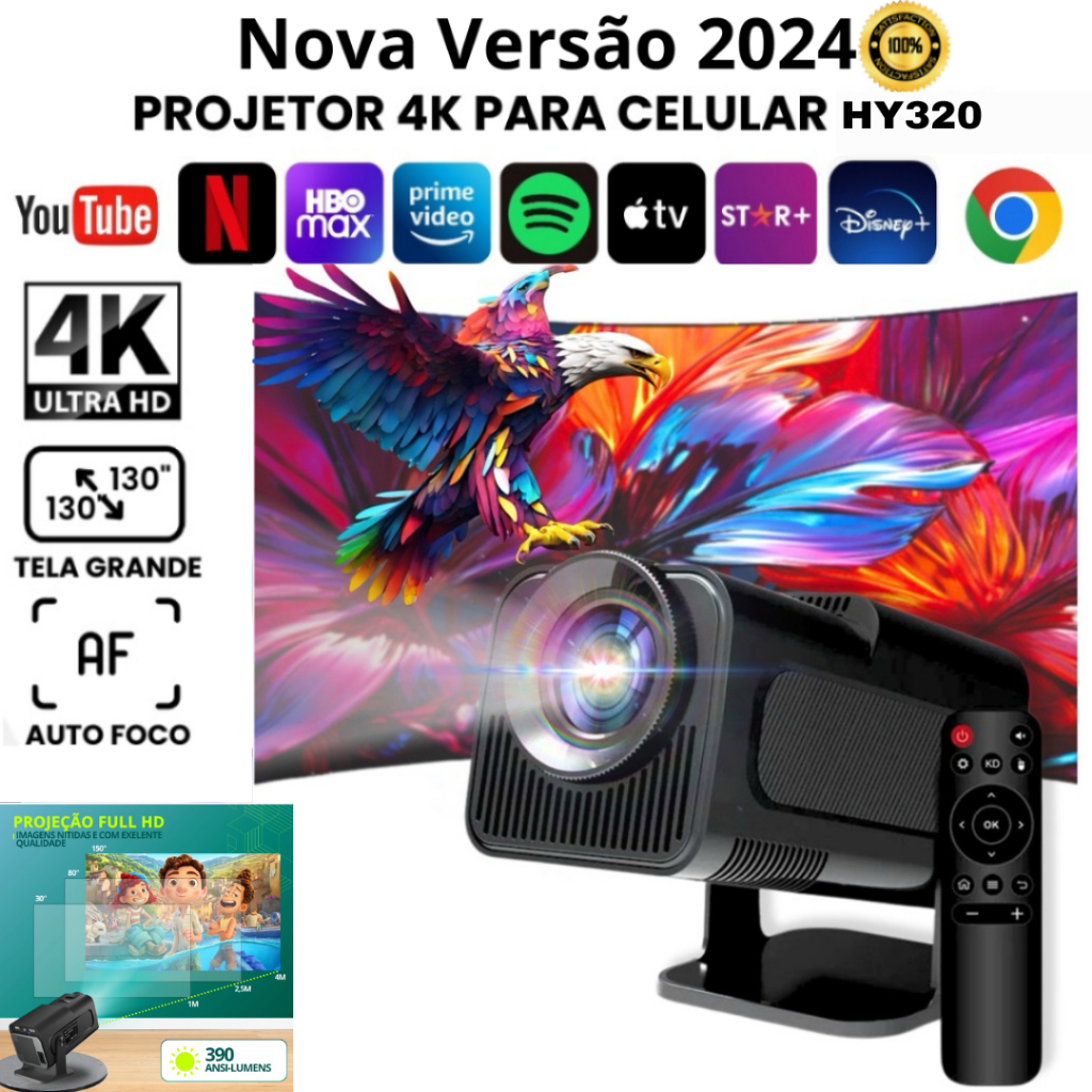 Projetor Hy320 4K HD Lançamento Polegadas Celular, Portátil, Tv B0x ...