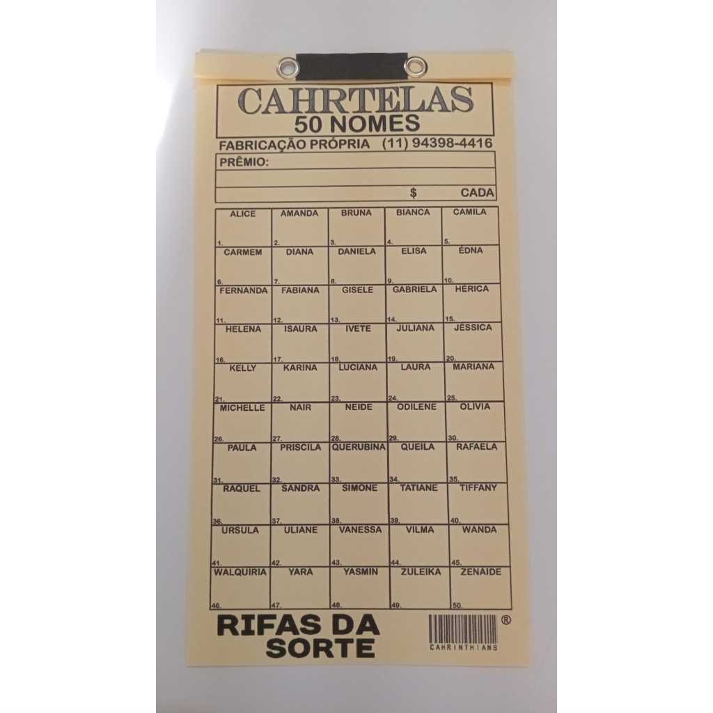 CARTELA DE RIFA 50 NOMES, PCT COM 10 UNIDADES, PAPEL OFFSET 180GR | Shopee Brasil