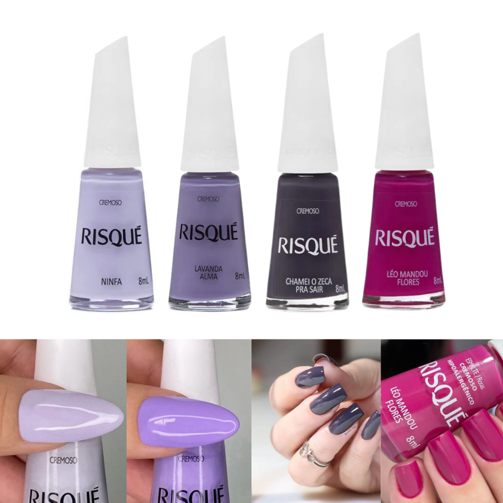 Kit 4 Esmaltes Risqué Tons Roxo Lilás e Rosa Hipoalergênico 8ml ...