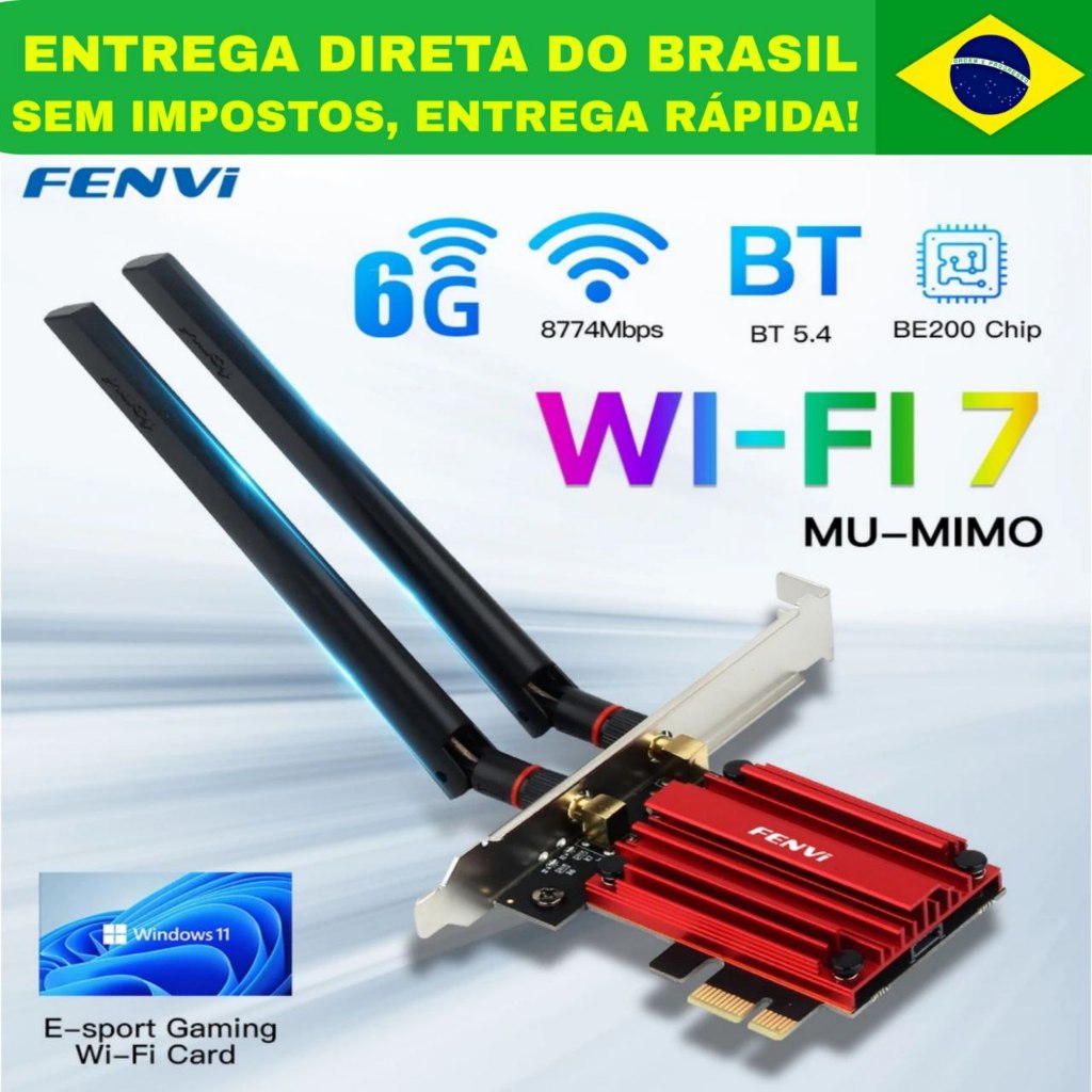 Placa Fenvi Wifi 7,6,5 e Bluetooth 5.4 8774MBPS 2.4G, 5G e 6GHZ PCI Express Windows 7,8,10,11 ...