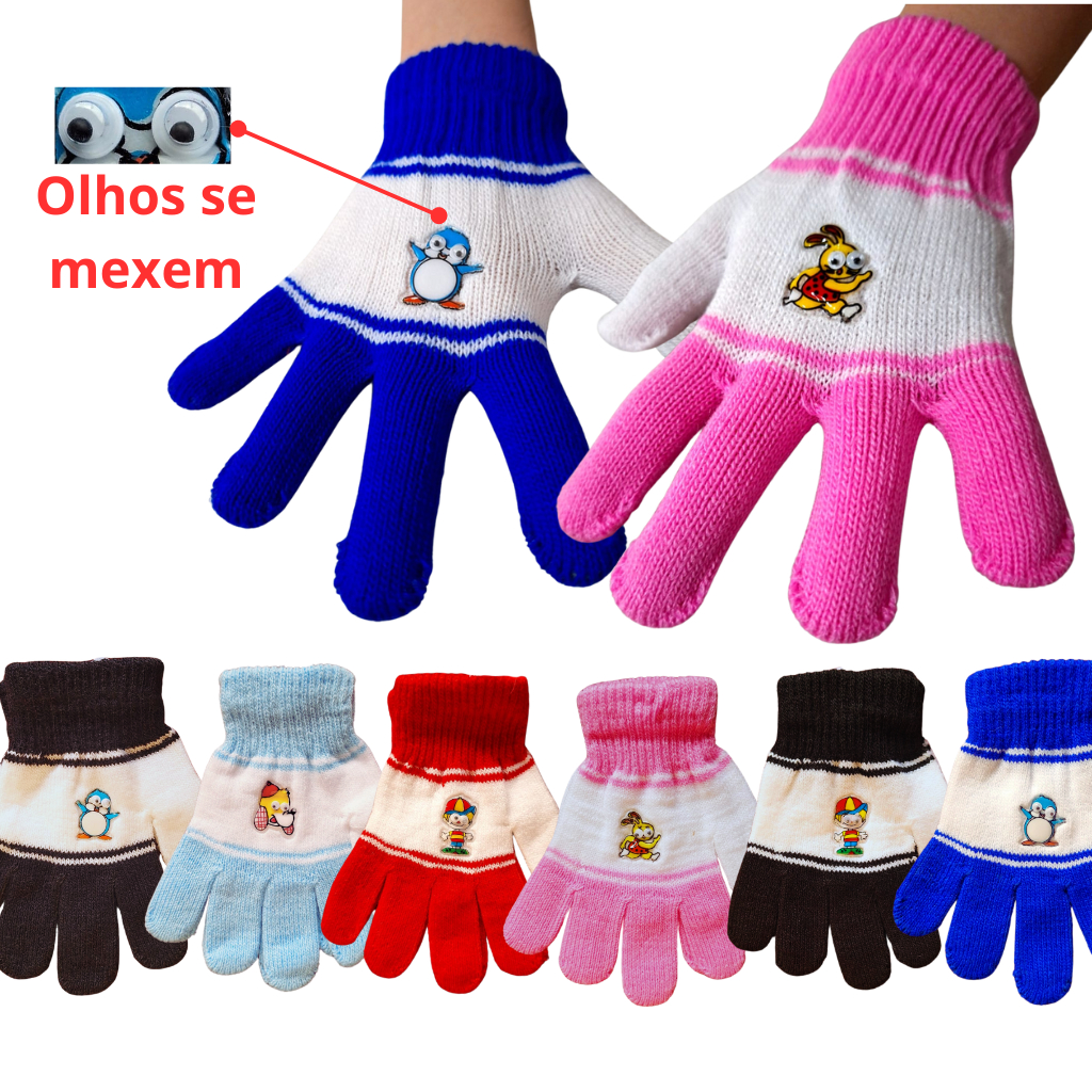 Luva Infantil Crianças Colorida Com Desenhos Olhos que se Mexem Inverno ...