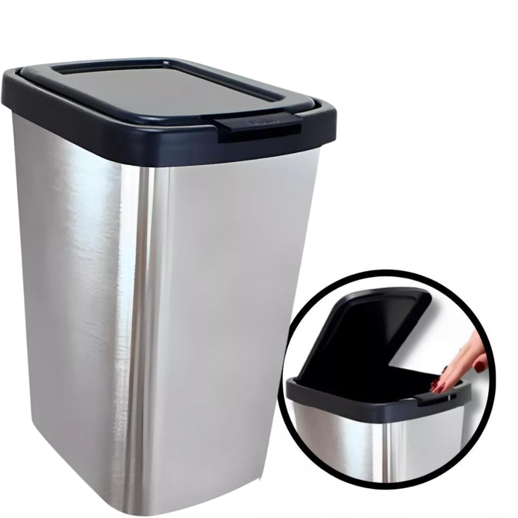 Kit 3 Lixeiras de Cozinha Cesto Com Tampa Plastico Inox Metalizado 09 ...