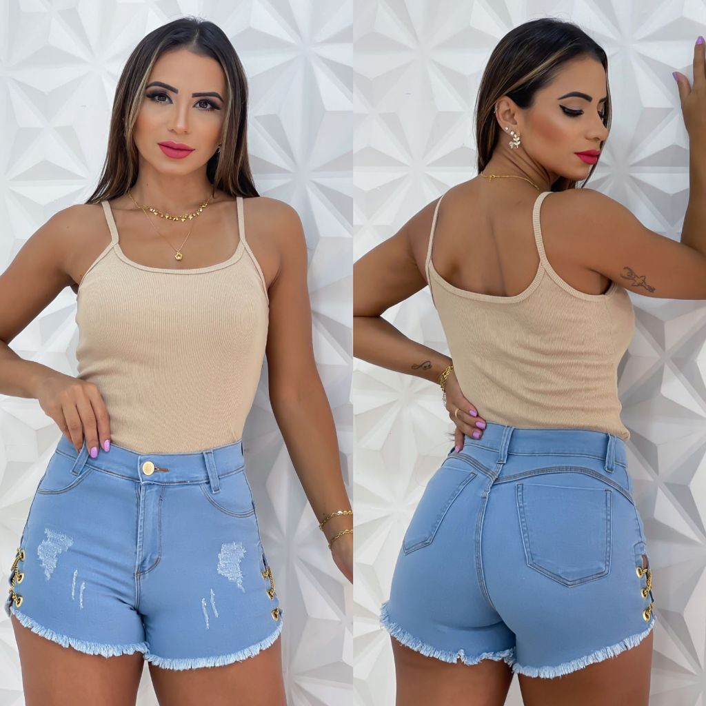 Shorts Curto Feminino Jeans Correntes Laterais Cintura Alta Empina ...