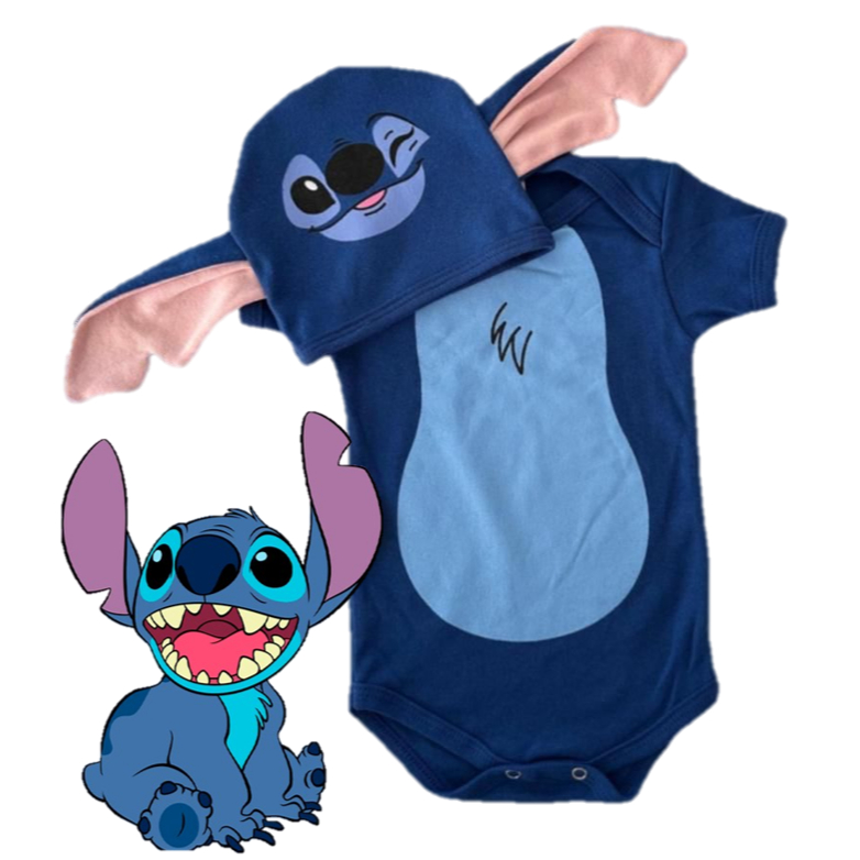 Body Bebe Temático Stitch e Angel Body + Touca Bori de Mesversario ...
