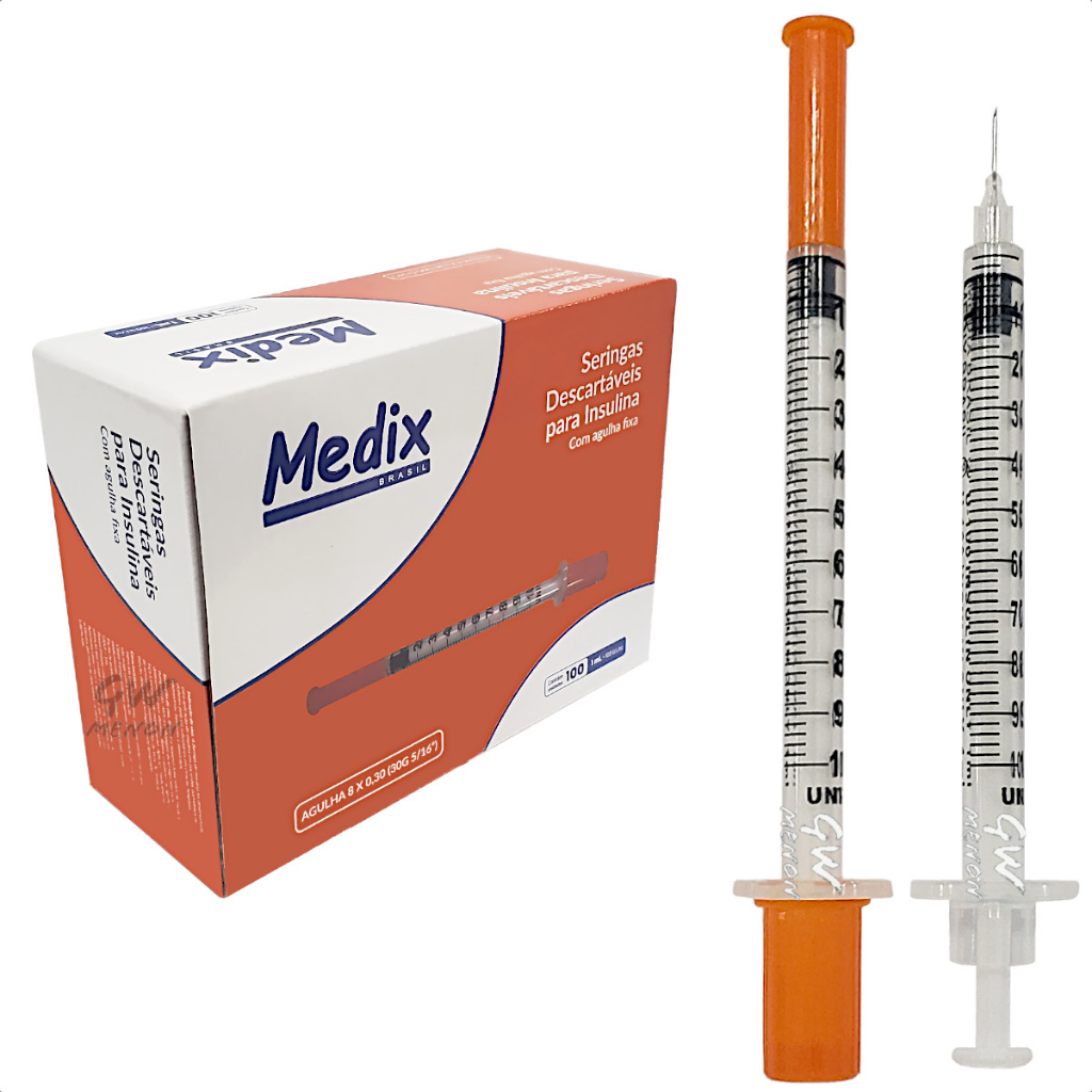 Seringa Insulina Medix 1ml Agulha Fina 8x0,3mm 30g 100 Unid Capacidade ...