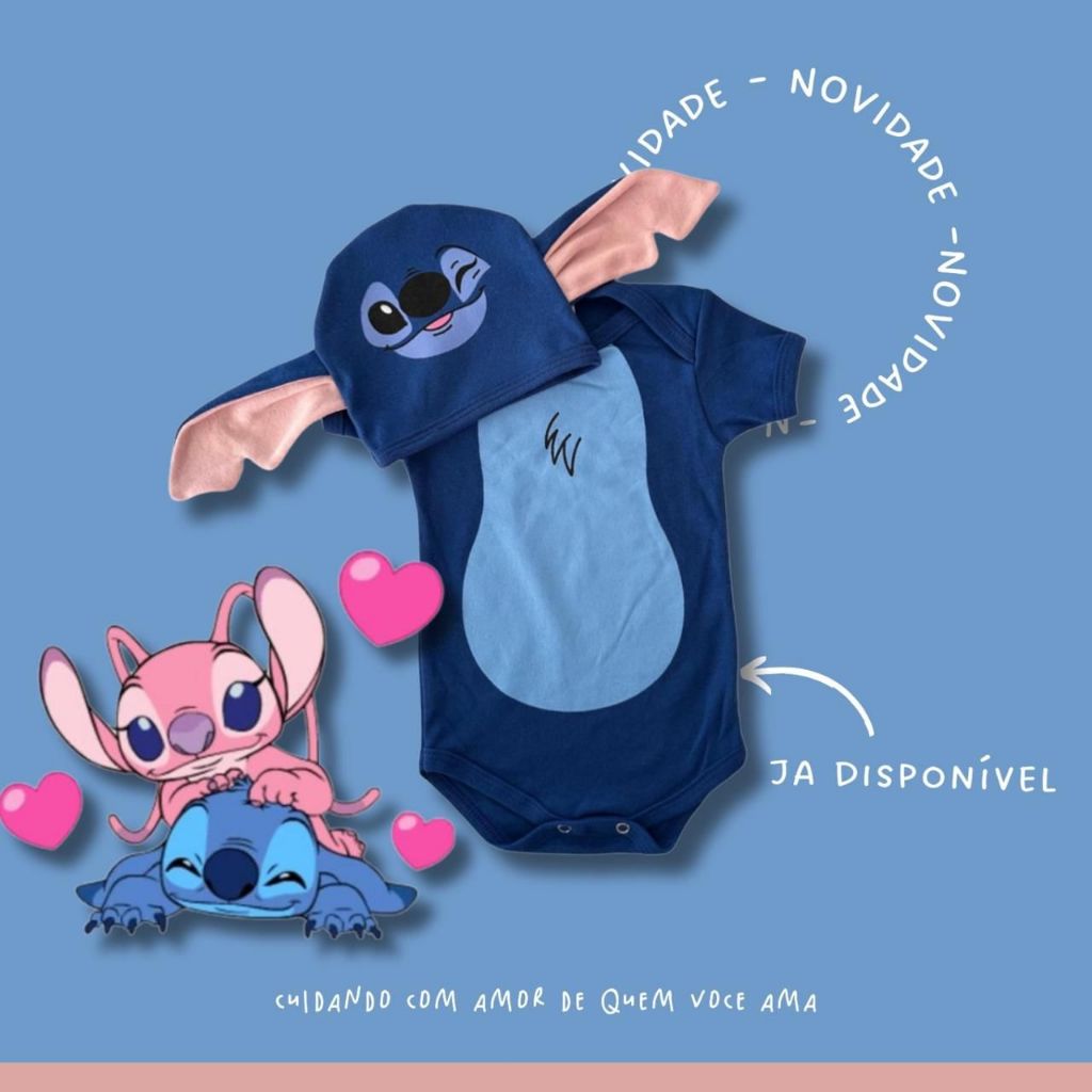 Body Bebe Temático Stitch e Angel Body + Touca Bori de Mesversario ...