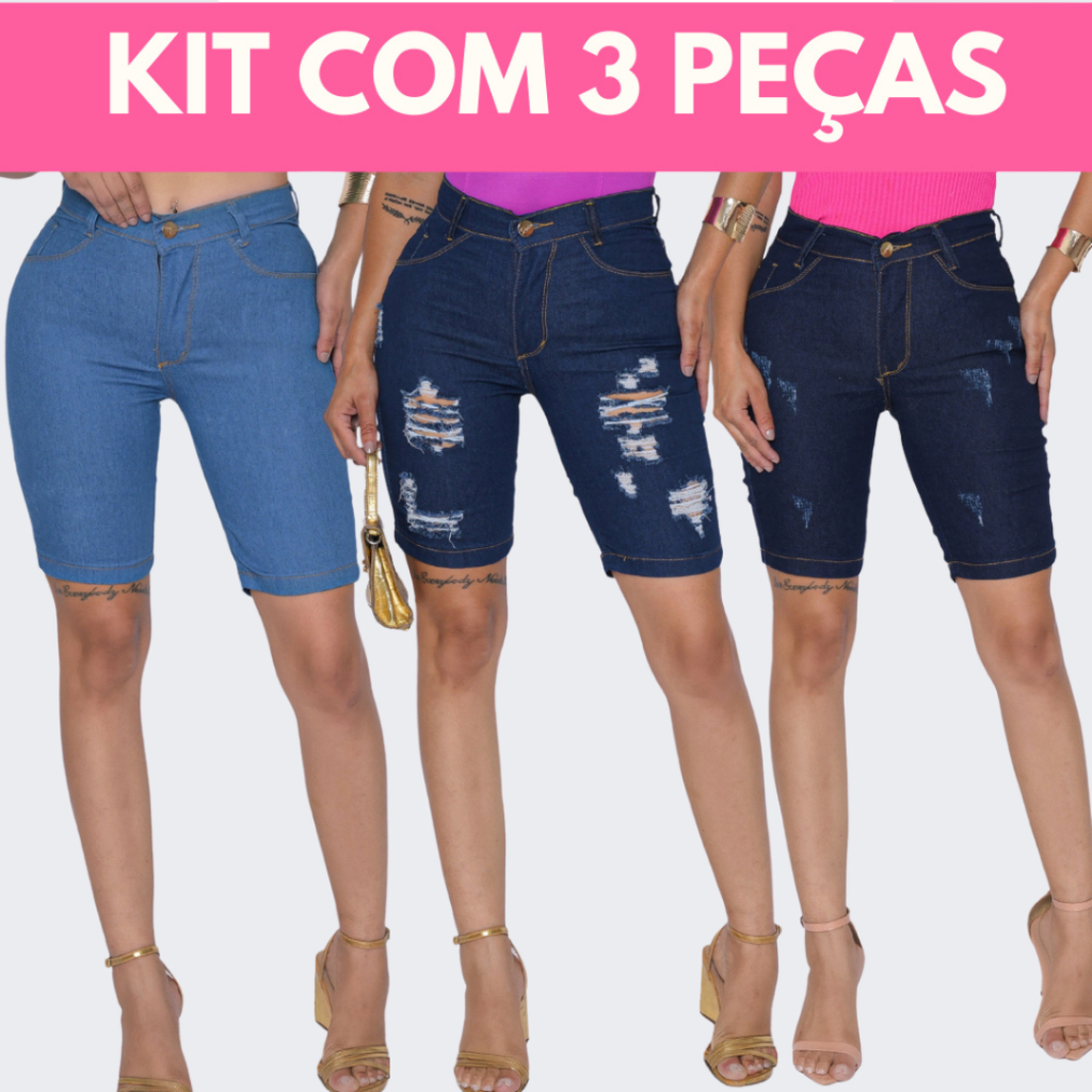 Kit 3 Bermuda Jeans Feminina Ciclista até o joelho com Elastano ...